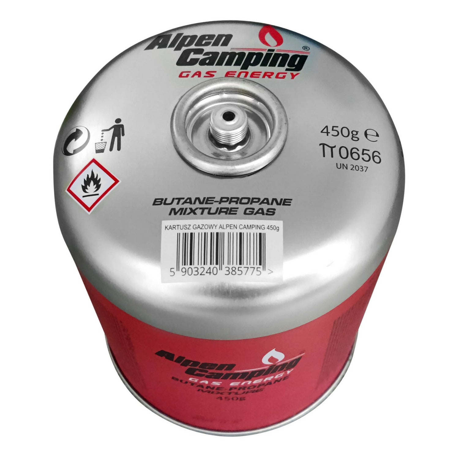 Alpen Camping 450g gas cartridge. certification: Pi 0437, complies wit ...